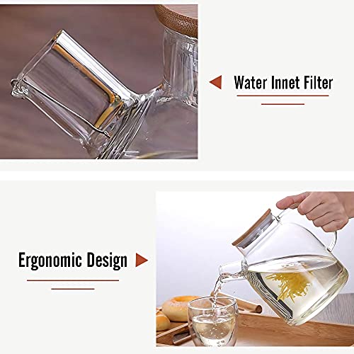 Acoode Glass Water Pitcher with Bamboo Lid Large Capacity Cold Water Tea Pot with Filter for Hot/Cold Water and Iced Tea (1800ML/60Oz)