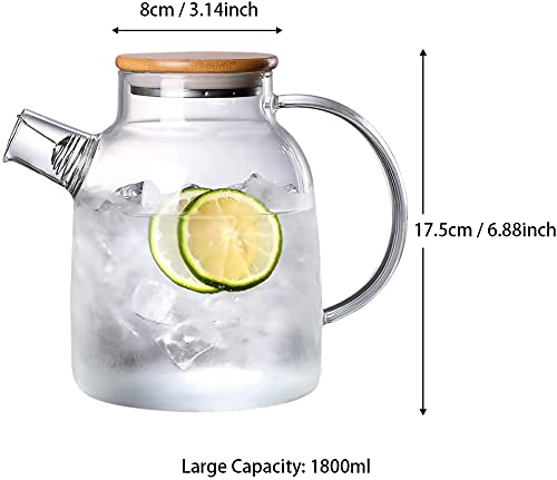 Acoode Glass Water Pitcher with Bamboo Lid Large Capacity Cold Water Tea Pot with Filter for Hot/Cold Water and Iced Tea (1800ML/60Oz)