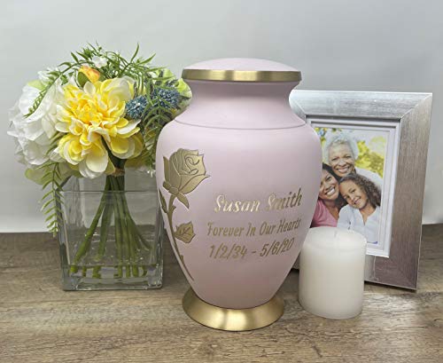 Momentful Life Custom Engraved Pink Rose Cremation Urn - Adult Cremation Urn Solid Brass