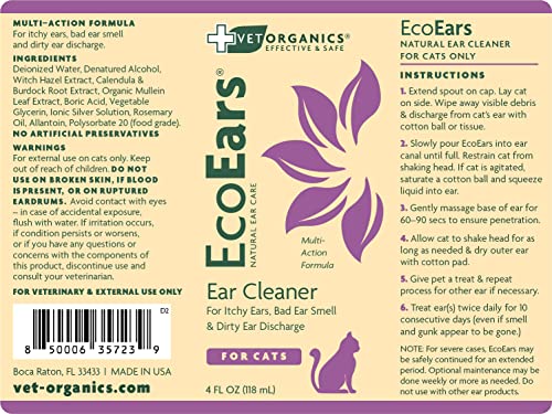 Vet Organics EcoEars Cat Ear Cleaner. Natural Multi-Action Formula. for Itch, Head Shaking, Discharge & Smell. Naturally Cleanses Away Common Problems. 100% Guaranteed (4 oz)