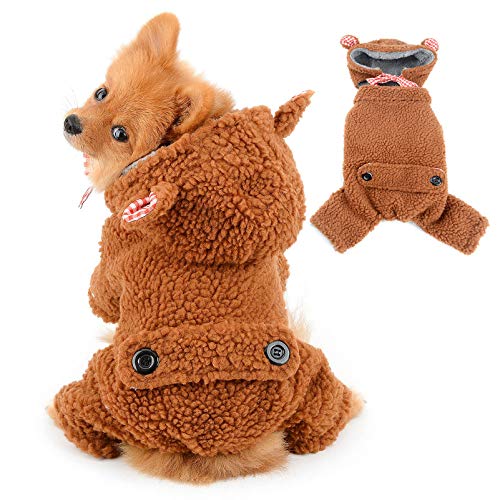 SELMAI Soft Fleece Dog Winter Coat Four Legs Cute Bear Design Removable Hat Warm Pet Clothes for Small Medium Dogs Cats Apparel for Puppy Comfy Chihuahua Jumpsuit Cold Weather Solid Color Brown XL