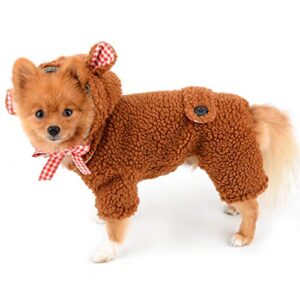 SELMAI Soft Fleece Dog Winter Coat Four Legs Cute Bear Design Removable Hat Warm Pet Clothes for Small Medium Dogs Cats Apparel for Puppy Comfy Chihuahua Jumpsuit Cold Weather Solid Color Brown XL