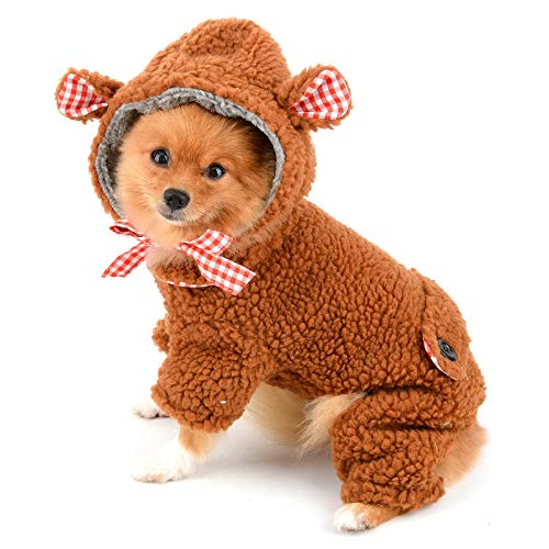 SELMAI Soft Fleece Dog Winter Coat Four Legs Cute Bear Design Removable Hat Warm Pet Clothes for Small Medium Dogs Cats Apparel for Puppy Comfy Chihuahua Jumpsuit Cold Weather Solid Color Brown XL