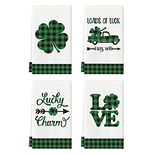 Artoid Mode Buffalo Plaid Lucky Clover Shamrock Truck Kitchen Dish Towels, 18 x 26 Inch Seasonal St. Patrick's Day Quotes Ultra Absorbent Drying Cloth Tea Towels for Cooking Baking Set of 4