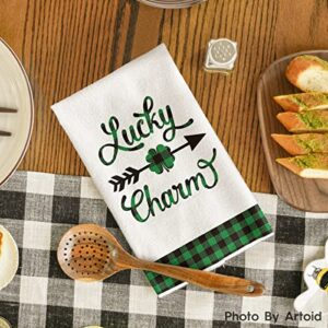 Artoid Mode Buffalo Plaid Lucky Clover Shamrock Truck Kitchen Dish Towels, 18 x 26 Inch Seasonal St. Patrick's Day Quotes Ultra Absorbent Drying Cloth Tea Towels for Cooking Baking Set of 4