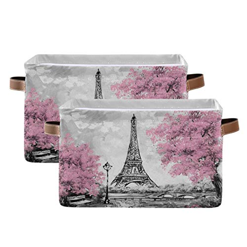 Mazeann Paris Storage Basket Bin Collapsible Foldable for Clothes Toys Storage Cabinets Waterproof Storage Box 15 x 11 x 9.5 inches, Eiffel Tower, Black White and Pink, 2PCS