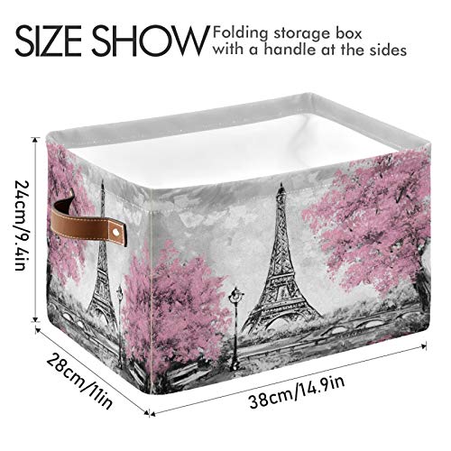 Mazeann Paris Storage Basket Bin Collapsible Foldable for Clothes Toys Storage Cabinets Waterproof Storage Box 15 x 11 x 9.5 inches, Eiffel Tower, Black White and Pink, 2PCS