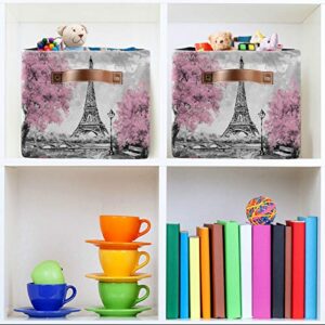 Mazeann Paris Storage Basket Bin Collapsible Foldable for Clothes Toys Storage Cabinets Waterproof Storage Box 15 x 11 x 9.5 inches, Eiffel Tower, Black White and Pink, 2PCS