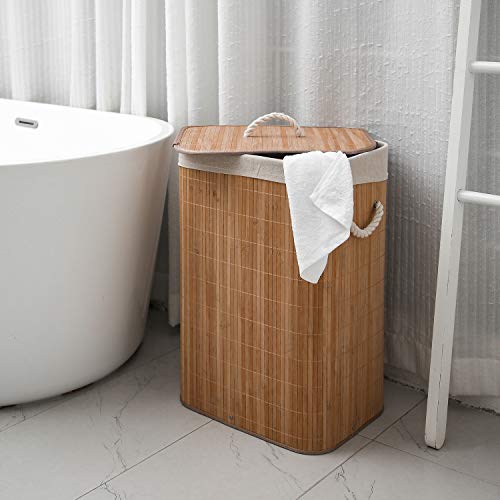 YMLHOME Bamboo Laundry Hamper with Lid & Removable Liner & Rope Handles Dirty Clothes Storage Basket Organizer for Bedroom Living Room Laundry Room (15.4"L x 11.4"W x 22.8"H)