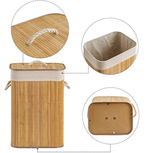 YMLHOME Bamboo Laundry Hamper with Lid & Removable Liner & Rope Handles Dirty Clothes Storage Basket Organizer for Bedroom Living Room Laundry Room (15.4"L x 11.4"W x 22.8"H)