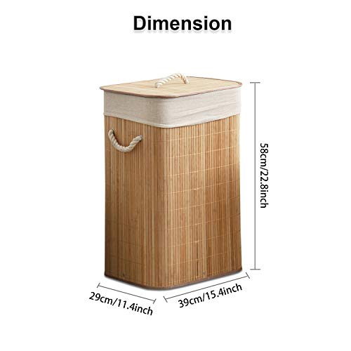 YMLHOME Bamboo Laundry Hamper with Lid & Removable Liner & Rope Handles Dirty Clothes Storage Basket Organizer for Bedroom Living Room Laundry Room (15.4"L x 11.4"W x 22.8"H)