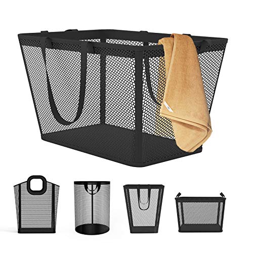 NPET Laundry Hamper Basket(Multi-Style), Protable Plastic Clothes Bag with EVA Waterproof & Breathable Mesh Material, Storage Bins for Laundry, Bathroom, Bedroom and Dormitory(Square, Black)