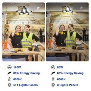 fomidao Led Garage Lights 6 Pack,160W Super Bright Garage Light,5 Adjustable Panels Deformable Garage Lights,6500K 16000LM Led Garage Ceiling Lights E26/E27 Base Led Shop Light