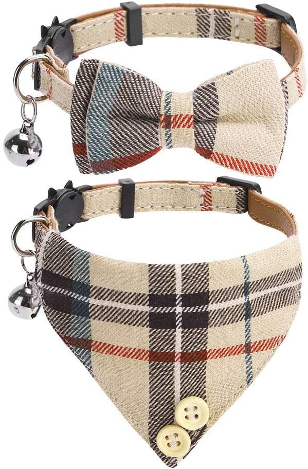 Bow Tie Cat Collar Bandana - 2 Packs Classic Plaid Check Ginham Cat Collars with Scarf and Bowtie - Adjustable Size with Bell - Perfect for Cats Puppy Small Dogs