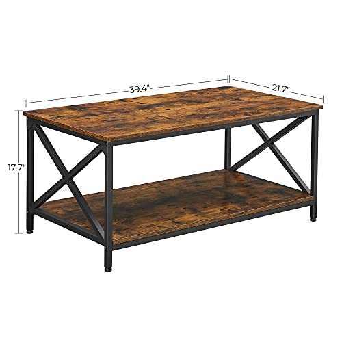 VASAGLE Coffee Table, Cocktail Table with Storage Shelf and X-Shape Steel Frame, Industrial Farmhouse Style, 39.4 x 21.7 x 17.7 Inches, Rustic Brown and Black ULCT200B01V1