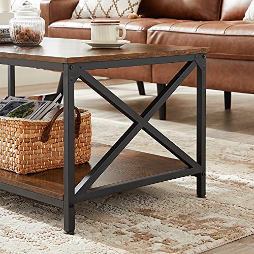 VASAGLE Coffee Table, Cocktail Table with Storage Shelf and X-Shape Steel Frame, Industrial Farmhouse Style, 39.4 x 21.7 x 17.7 Inches, Rustic Brown and Black ULCT200B01V1