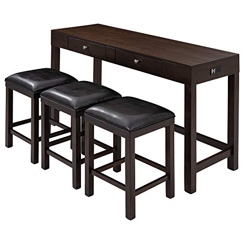 Knocbel 4-Piece Counter Height Table Set with Storage Drawers and Socket, Home Kitchen Bar Dining Room Set with 3 Faux Leather Padded Stools (Espresso)