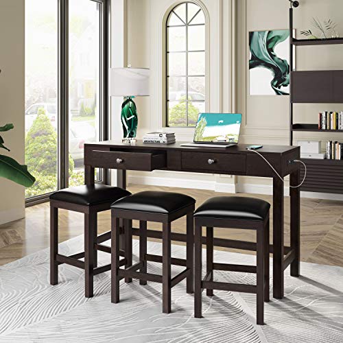 Knocbel 4-Piece Counter Height Table Set with Storage Drawers and Socket, Home Kitchen Bar Dining Room Set with 3 Faux Leather Padded Stools (Espresso)