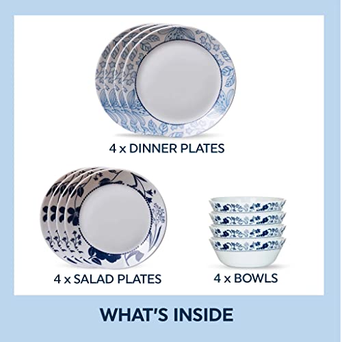 Corelle Everyday Expressions 12-Pc Dinnerware Set, Service for 4, Durable and Eco-Friendly, Higher Rim Glass Plate & Bowl Set, Microwave and Dishwasher Safe, Rutherford