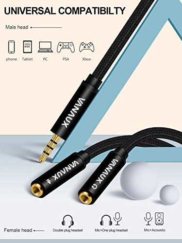 Headset Adapter Headphone Mic Y Splitter Cable, VANAUX 3.5mm Stereo Audio Male to 2 Female Separate Audio Microphone Plugs Compatible for PS4, Xbox One, Laptop, Phone, PC Gaming Headset