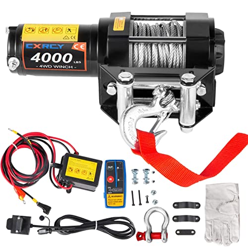 CXRCY 12V 4000 lbs Electric Winch Kits with 3/16"(4.7mm) Diameter x 32.8'(10m) Length Steel Rope ATV/UTV Winch for Towing Off Road Trailer with Wireless Remote Control and Mounting Bracket