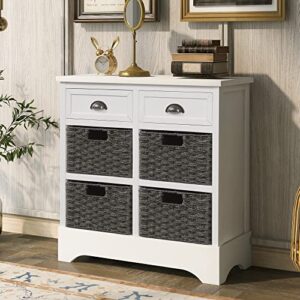 LUMISOL Storage Cabinet Console Entryway Table with Two Drawers and Four Wicker Baskets for Kitchen/Living Room/Dining Room, Storage Chest Accent Furniture Home Collection(White)