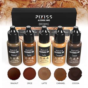 Pixiss Browns Alcohol Inks Set, 5 Highly Saturated Brown Alcohol Inks, for Resin Petri Dishes, Alcohol Ink Paper, Tumblers, Coasters, Resin Dye