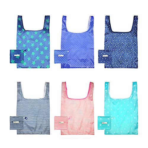 6 Pack of Reusable Grocery Bags with Ring Holder Foldable Machine-Washable Shopping Tote Sturdy Lightweight (Pattern)