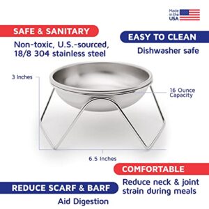 Raised Cat Bowl Stand for Food & Water by Americat – Made in USA – Stainless Steel, Spill-Proof Elevated Feeder, Dishwasher Safe, Human Grade, Whisker Friendly (Bowl + Stand)