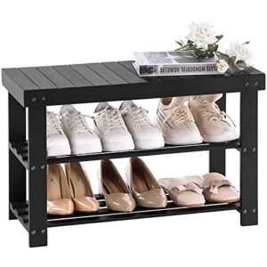 apicizon bamboo shoe rack for entryway, 3-tier shoe rack bench for front indoor entrance, small shoe organizer with storage, black