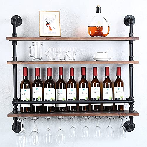 HAOVON Industrial Pipe Shelf Wine Rack Wall Mounted with 9 Stem Glass Holder,3-Tiers Rustic Floating Bar Shelves Wine Shelf,36in Real Wood Shelves Wall Shelf Unit,Pipe Shelving Glass Rack