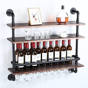 HAOVON Industrial Pipe Shelf Wine Rack Wall Mounted with 9 Stem Glass Holder,3-Tiers Rustic Floating Bar Shelves Wine Shelf,36in Real Wood Shelves Wall Shelf Unit,Pipe Shelving Glass Rack