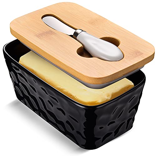 Large Butter Dish with Lid for Countertop Porcelain Butter Container with Knife Double Silicone Seal Butter Dishes with Covers Perfect for West or East Coast Butter, Unique Stone Pattern Black