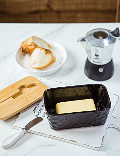 Large Butter Dish with Lid for Countertop Porcelain Butter Container with Knife Double Silicone Seal Butter Dishes with Covers Perfect for West or East Coast Butter, Unique Stone Pattern Black