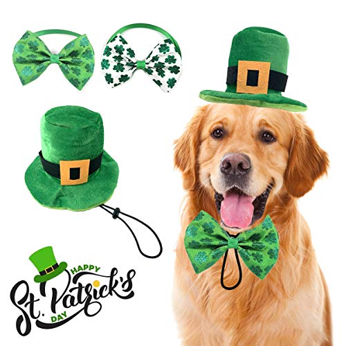 Vehomy Pet Dog Saint Patrick's Day Costume - Green Dog Top Hat and 2pcs Shamrock Dog Saint Patrick's Day Bow tie Collars for Dogs Cats Puppy Kitten (3Pcs)