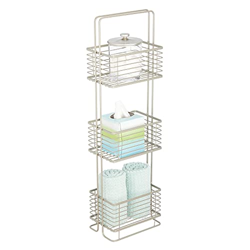 mDesign Slim Metal Wire 3 Tier Free-Standing Bathroom Shelving Unit, Small Narrow Storage Organizer Tower Rack with 3 Basket Bins - Holds Tissues, Hand Soap, Toiletries - Satin