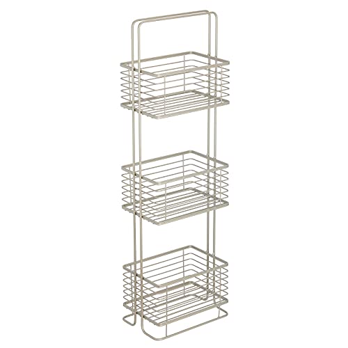 mDesign Slim Metal Wire 3 Tier Free-Standing Bathroom Shelving Unit, Small Narrow Storage Organizer Tower Rack with 3 Basket Bins - Holds Tissues, Hand Soap, Toiletries - Satin