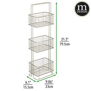 mDesign Slim Metal Wire 3 Tier Free-Standing Bathroom Shelving Unit, Small Narrow Storage Organizer Tower Rack with 3 Basket Bins - Holds Tissues, Hand Soap, Toiletries - Satin