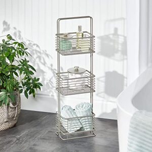 mDesign Slim Metal Wire 3 Tier Free-Standing Bathroom Shelving Unit, Small Narrow Storage Organizer Tower Rack with 3 Basket Bins - Holds Tissues, Hand Soap, Toiletries - Satin