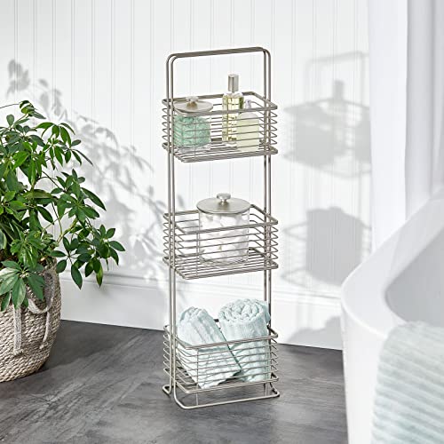 mDesign Slim Metal Wire 3 Tier Free-Standing Bathroom Shelving Unit, Small Narrow Storage Organizer Tower Rack with 3 Basket Bins - Holds Tissues, Hand Soap, Toiletries - Satin