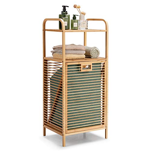 RELAX4LIFE Laundry Hamper Bamboo W/ Removable Liner, 2-Tier Shelves Tilt-out Design Space-Saving Laundry Hamper Basket for Bathroom, Living Room,Bedroom, Natural +Green