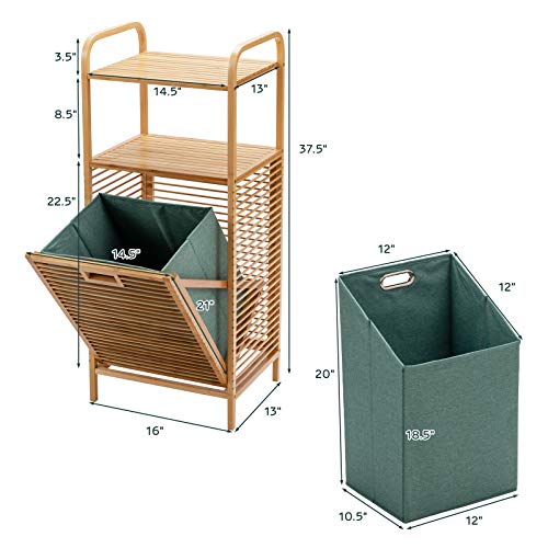 RELAX4LIFE Laundry Hamper Bamboo W/ Removable Liner, 2-Tier Shelves Tilt-out Design Space-Saving Laundry Hamper Basket for Bathroom, Living Room,Bedroom, Natural +Green