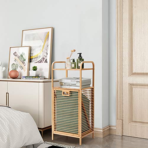 RELAX4LIFE Laundry Hamper Bamboo W/ Removable Liner, 2-Tier Shelves Tilt-out Design Space-Saving Laundry Hamper Basket for Bathroom, Living Room,Bedroom, Natural +Green