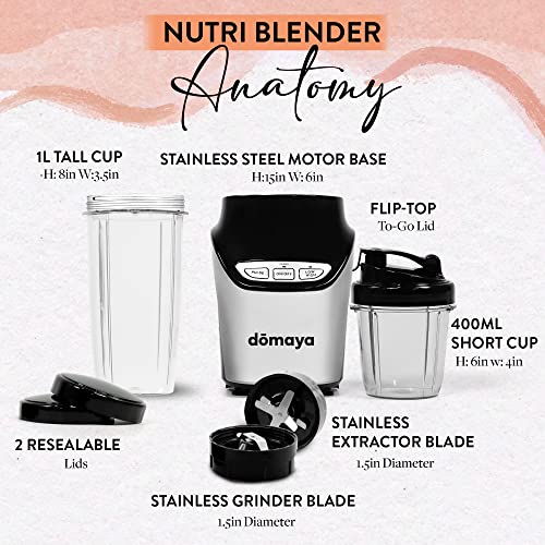 1000W High Power Personal Nutri Blender, Multi-Functional Portable Bullet Blenders for Kitchen, Use as Coffee Grinder, Baby Food Blender, & Shake Maker, With 2 Blades, 1L Tall Blender Cup & 0.4L Small Blender Cup - Domaya