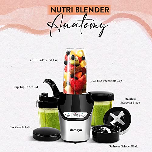 1000W High Power Personal Nutri Blender, Multi-Functional Portable Bullet Blenders for Kitchen, Use as Coffee Grinder, Baby Food Blender, & Shake Maker, With 2 Blades, 1L Tall Blender Cup & 0.4L Small Blender Cup - Domaya