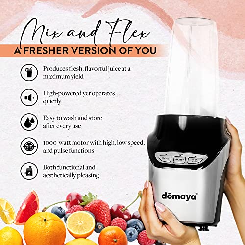 1000W High Power Personal Nutri Blender, Multi-Functional Portable Bullet Blenders for Kitchen, Use as Coffee Grinder, Baby Food Blender, & Shake Maker, With 2 Blades, 1L Tall Blender Cup & 0.4L Small Blender Cup - Domaya