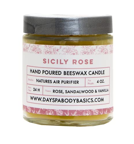 Sicily Rose Hand-Poured Beeswax Candle - All-Natural, Cotton Braided Wick, Chemical-Free, Smokeless, Cleans Air, Non-Toxic, Non-Polluting, Non-Allergenic, Handmade in USA