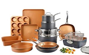 gotham steel pro 20 piece pots & pans set | hard anodized complete cookware set + bakeware set, ultra nonstick ceramic copper coating, chef grade quality, metal utensil safe, oven & dishwasher safe