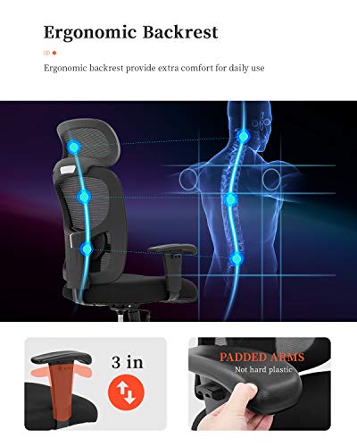 Big and Tall Office Chair Ergonomic Chair 400lbs Wide Seat Executive Desk Chair with Lumbar Support Adjustable Armrest Headrest High Back Mesh Computer Chair Rolling Swivel Task Chair(Black)