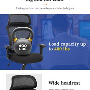 Big and Tall Office Chair Ergonomic Chair 400lbs Wide Seat Executive Desk Chair with Lumbar Support Adjustable Armrest Headrest High Back Mesh Computer Chair Rolling Swivel Task Chair(Black)